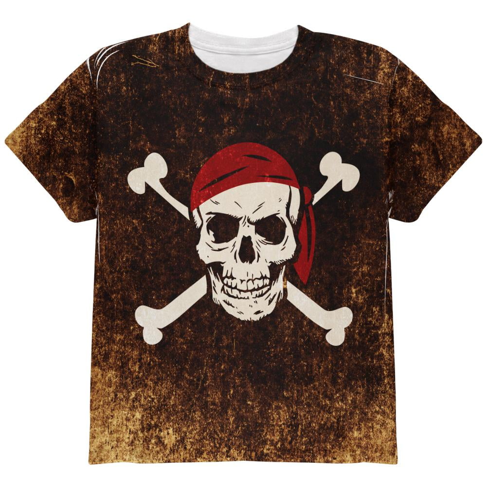Jolly Roger Pirate Flag Distressed Grunge All Over Youth T Shirt Multi ...