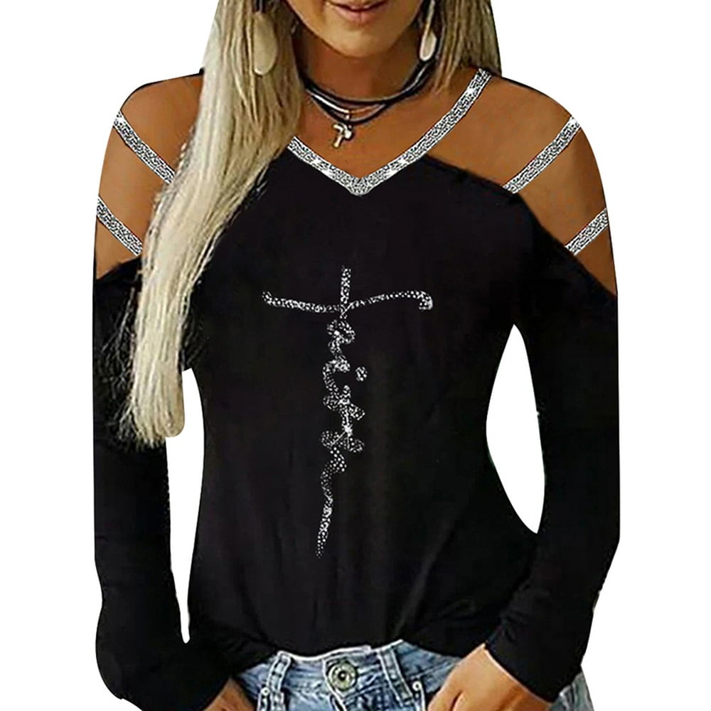 Dymade Dymade Womens Cold Shoulder Long Sleeve Tops Blouse Ladies V