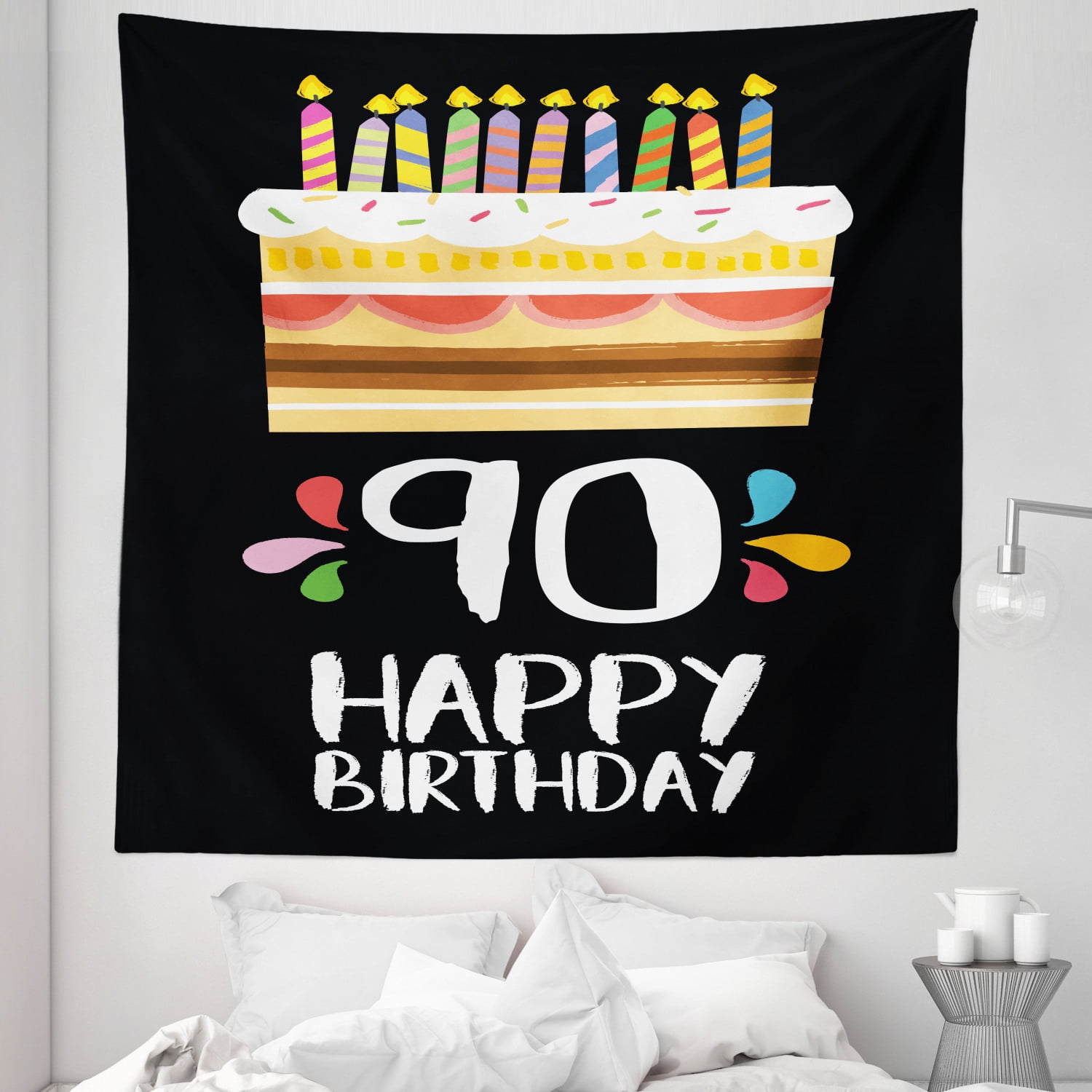 Birthday Tapestry, Colorful Party Set on a Dark Background Cake Candles ...