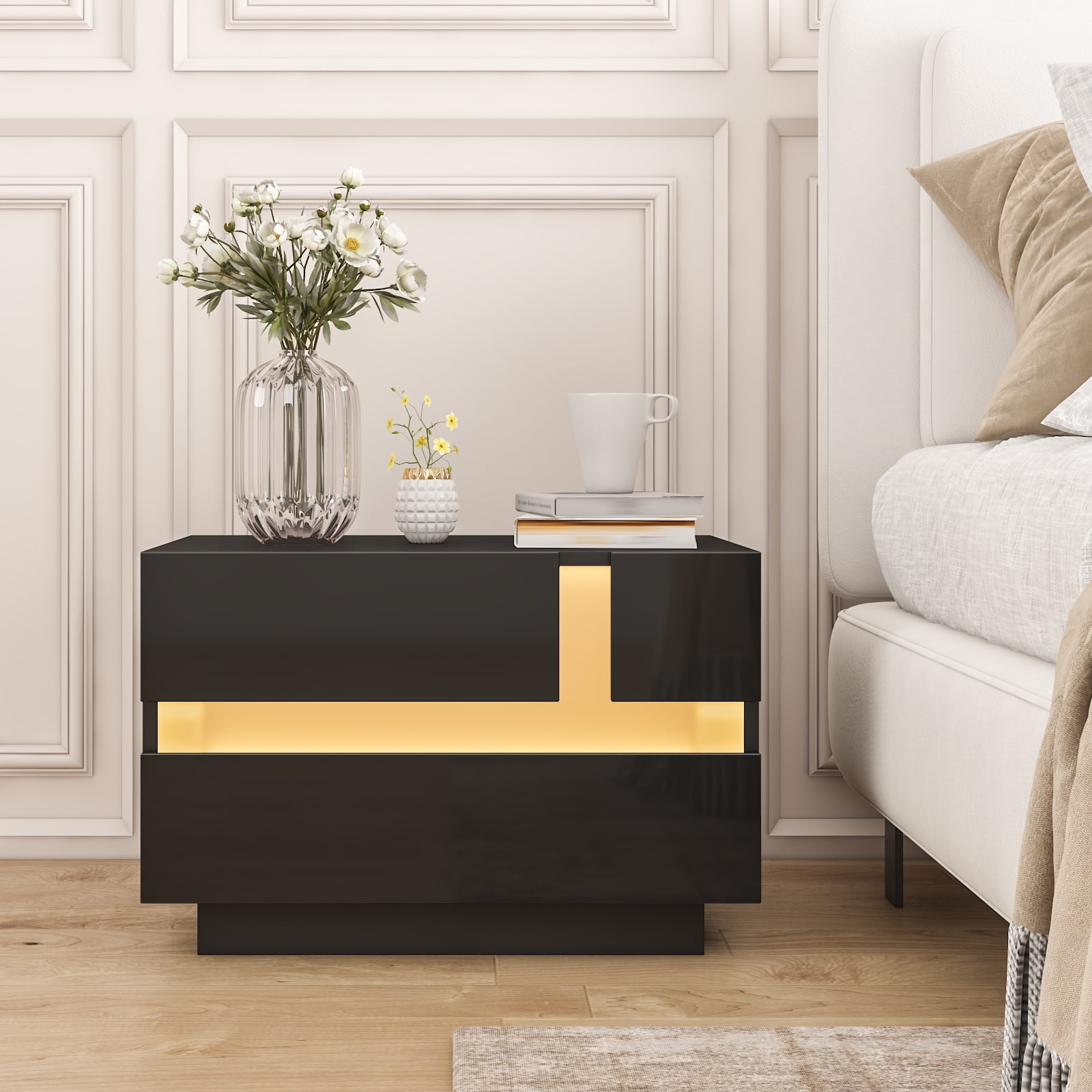 Hommpa LED Nightstand Modern Bedside Table with 2 Drawers Black Wood ...