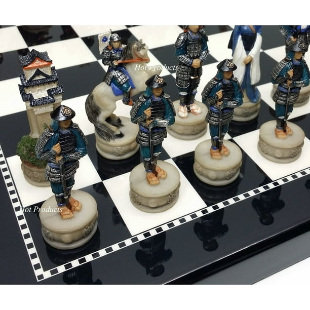 JAPANESE SAMURAI WARRIOR CHESS SET BLACK & WHITE GLOSS BOARD 15 ...