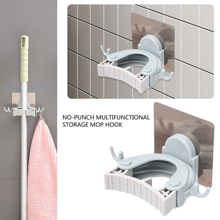 PERTTYUNG Adhesive Multi-Purpose Hooks Wall Mounted Mop Organizer Rack ...