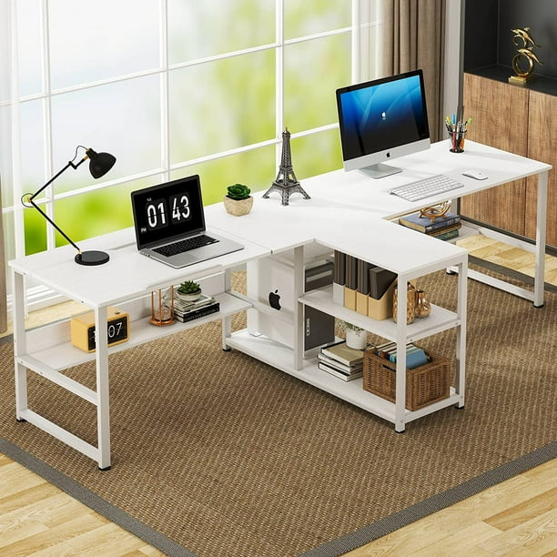 Tribesigns Two Person Desk with Storage Shelves and Tiltable Tabletop ...