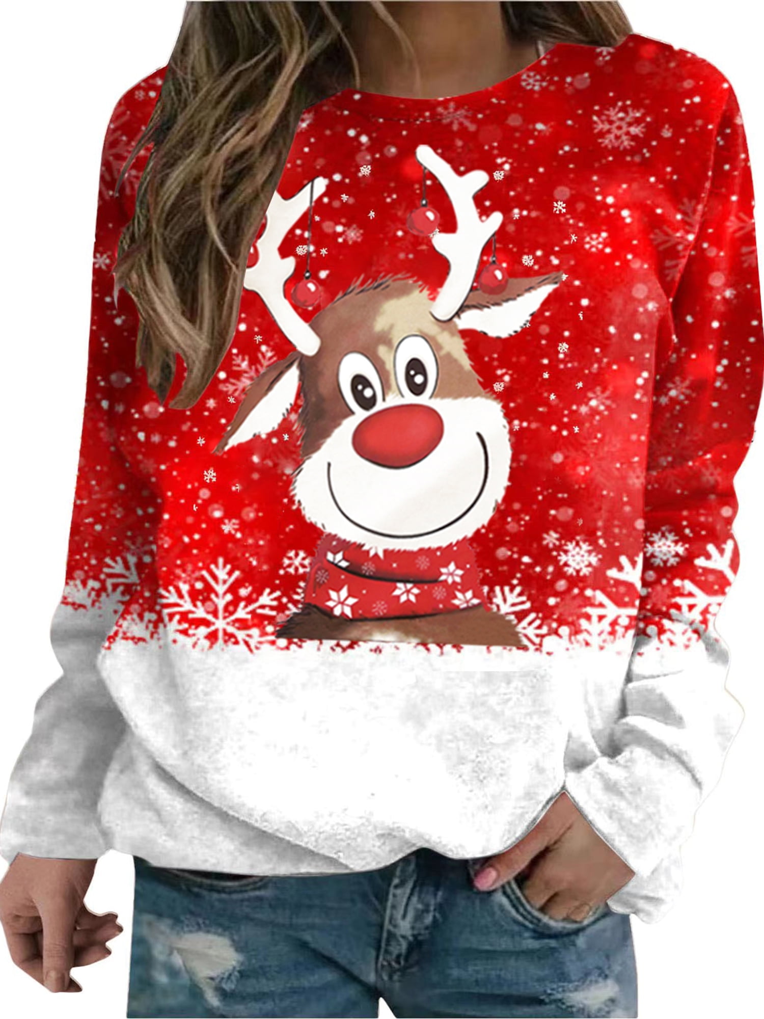 Seyurigaoka Women Ugly Christmas Pullover Tops Long Sleeve Round Neck ...