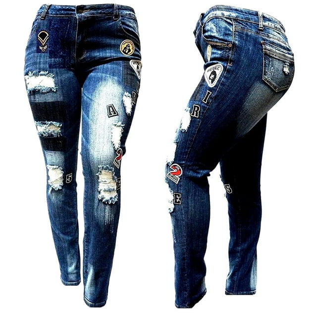 Womens PLUS SIZE Ripped Distressed Patches BLUE Denim Jeans Patch ...