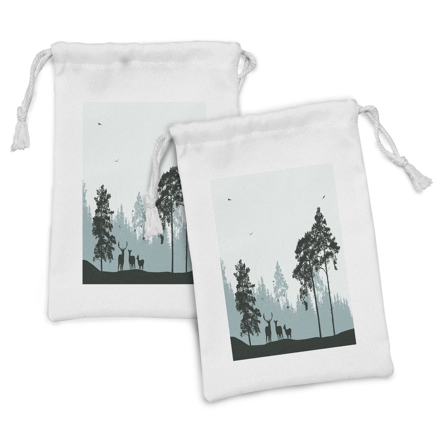 Deer Hunting Fabric Pouch Set of 2, Reindeer Forest Flying Birds ...
