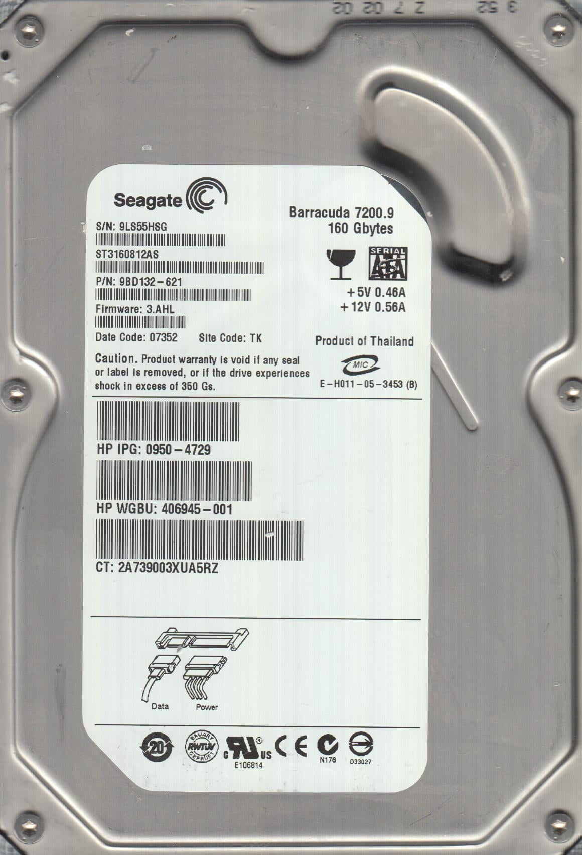 ST3160812AS, 9LS, TK, PN 9BD132-621, FW 3.AHL, Seagate 160GB SATA 3.5 ...