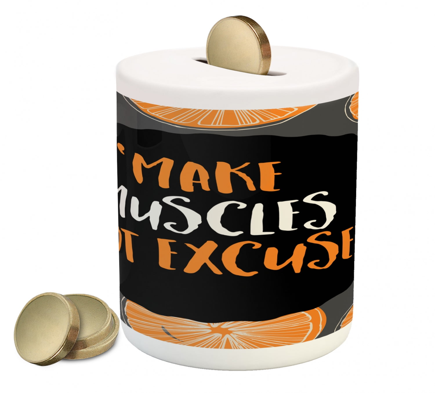 Fitness Piggy Bank, Make Muscles Not Excuses Phrase with Modern Design ...