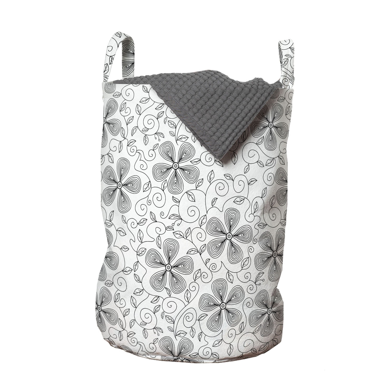 Floral Laundry Bag, Doodle Flower Petals Swirly Branches Leaves ...