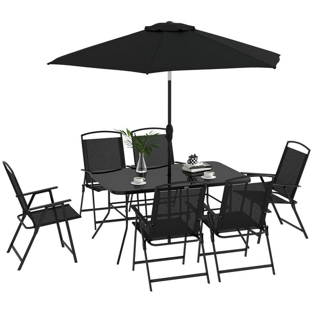 Outsunny 8 Piece Patio Dining Set with Umbrella 6 Folding Chairs Table ...