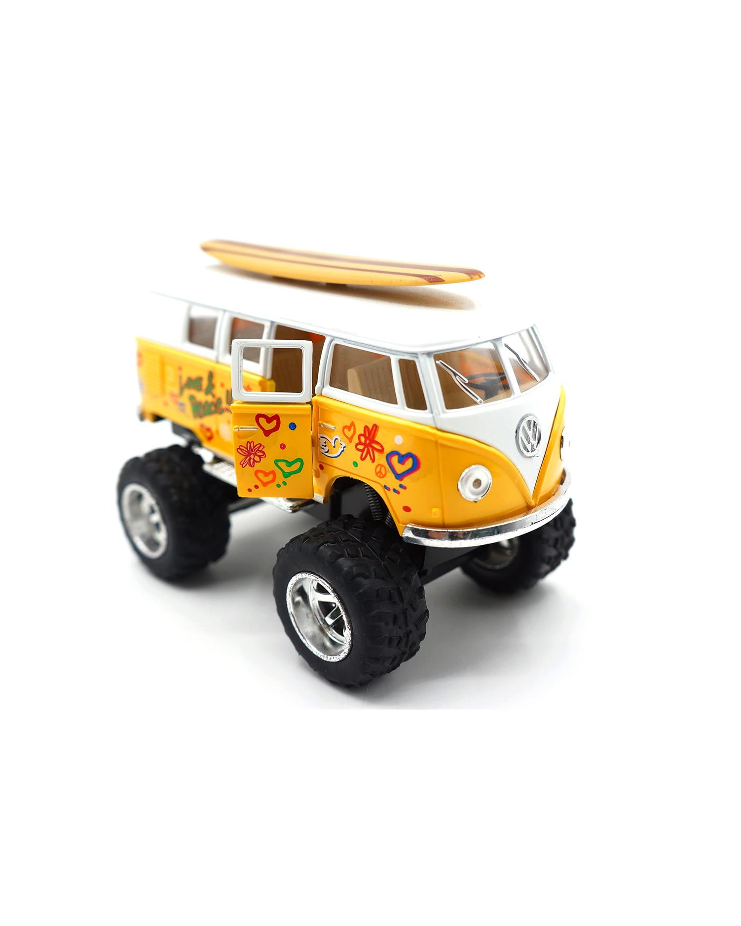 5 1962 VW Bus with Decal, Surfboard & Monster Wheels Diecast Model Toy ...