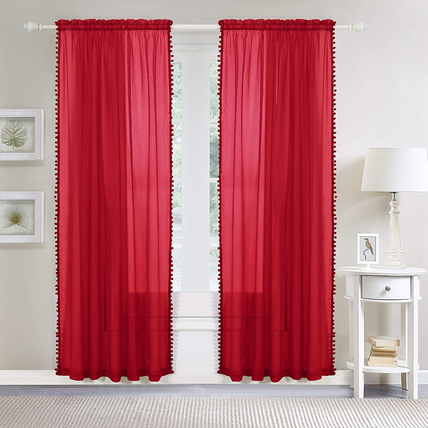 Pom-Pom Tassel Window Drapes, (Set of 2) Multipurpose Sheer Curtains ...
