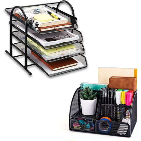 Office Desk Organizer and Accessories + Desk Organizer with 4 Sliding ...
