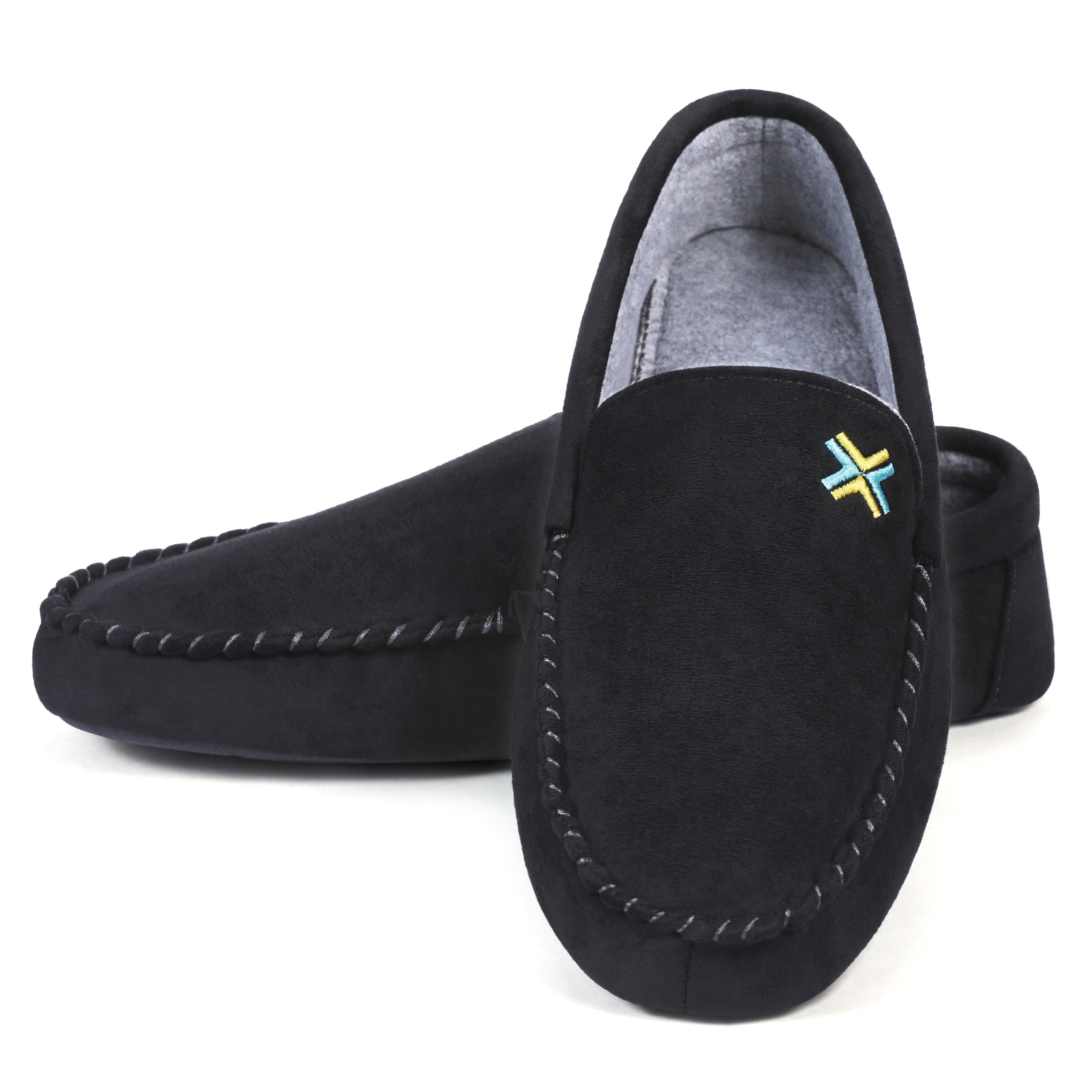 Roxoni Mens Slippers, Suede Moccasin Slipper with Memory Foam Black ...