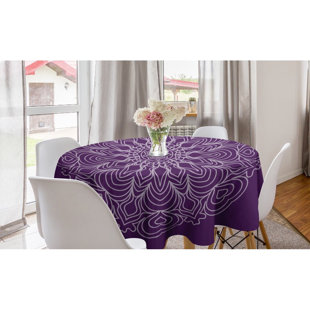 Purple Mandala Round Tablecloth, Lacework Curlicue Design with Abstract ...