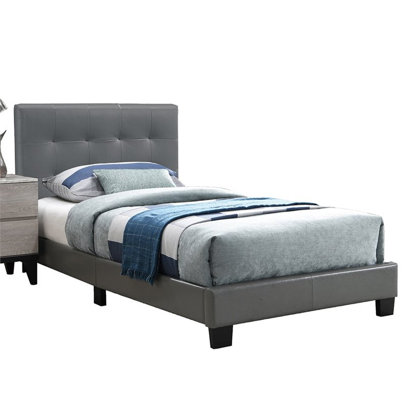 Poundex F9567T Upholstered Bed Frame with Slats in Gray Faux Leather ...