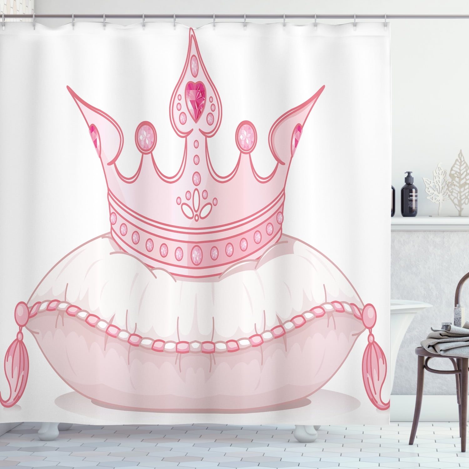 Queen Shower Curtain, Cartoon Style Cute Pink Princess Crown on Pillow ...