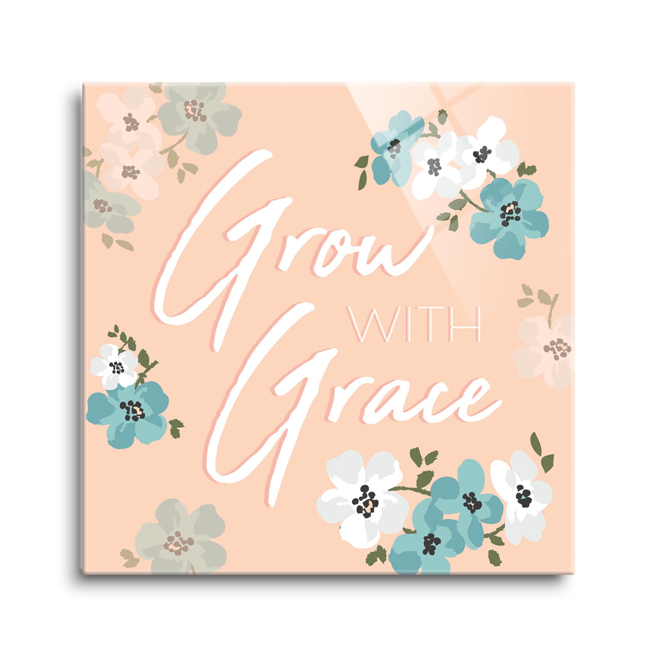 Grow With Grace Teal Floral Peach 8 x 8 Glass Wall Hanging Sign ...