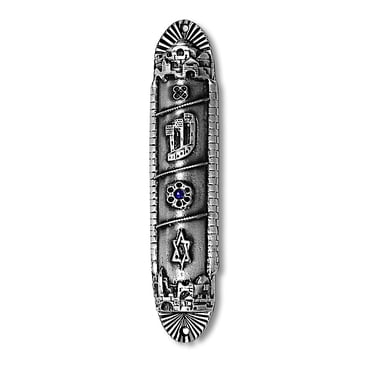 Judaica Mezuzah & Scroll Wood with Stones Pewter Shin Dalet Yud with ...
