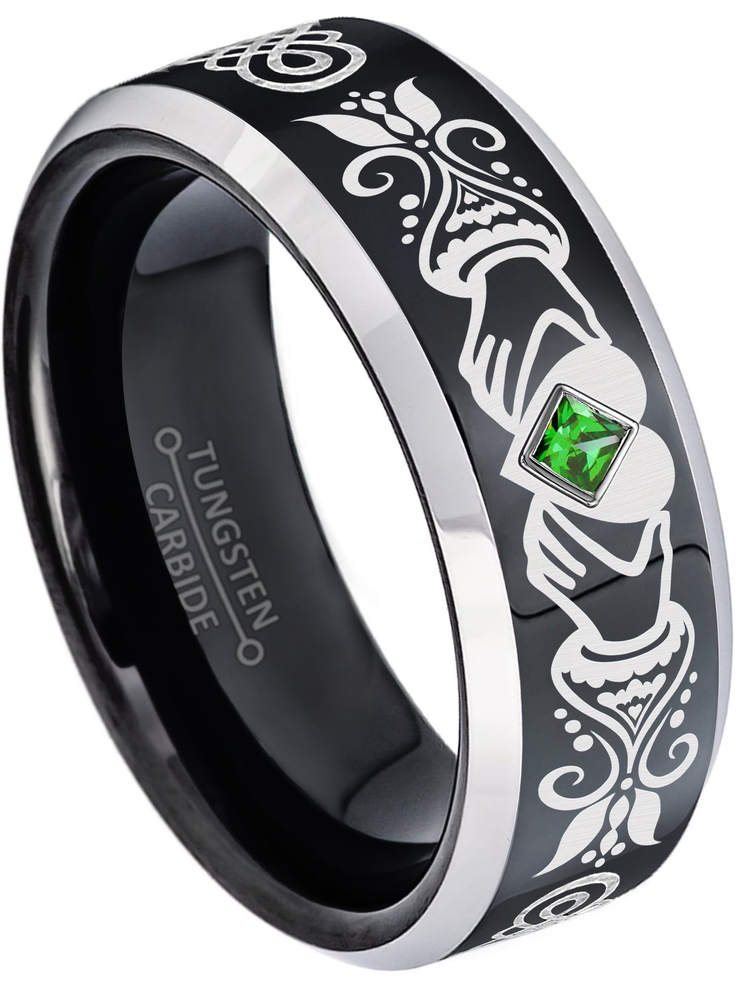 2-Tone Claddagh Tungsten Ring - 0.05ct Princess Cut Solitaire Tsavorite ...