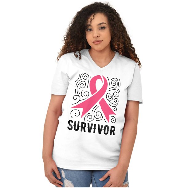 Survivor Breast Cancer Pink Ribbon V Neck T Shirt Tees Women Brisco