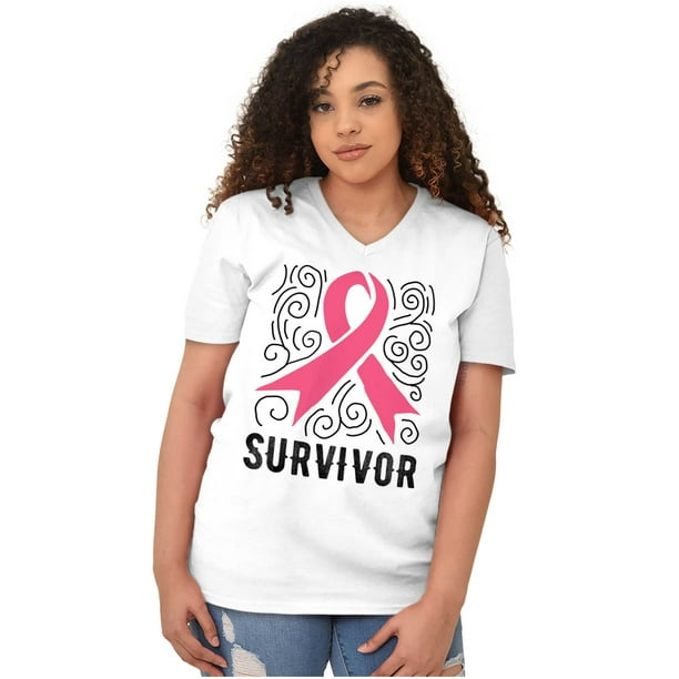 Survivor Breast Cancer Pink Ribbon V Neck T Shirt Tees Women Brisco