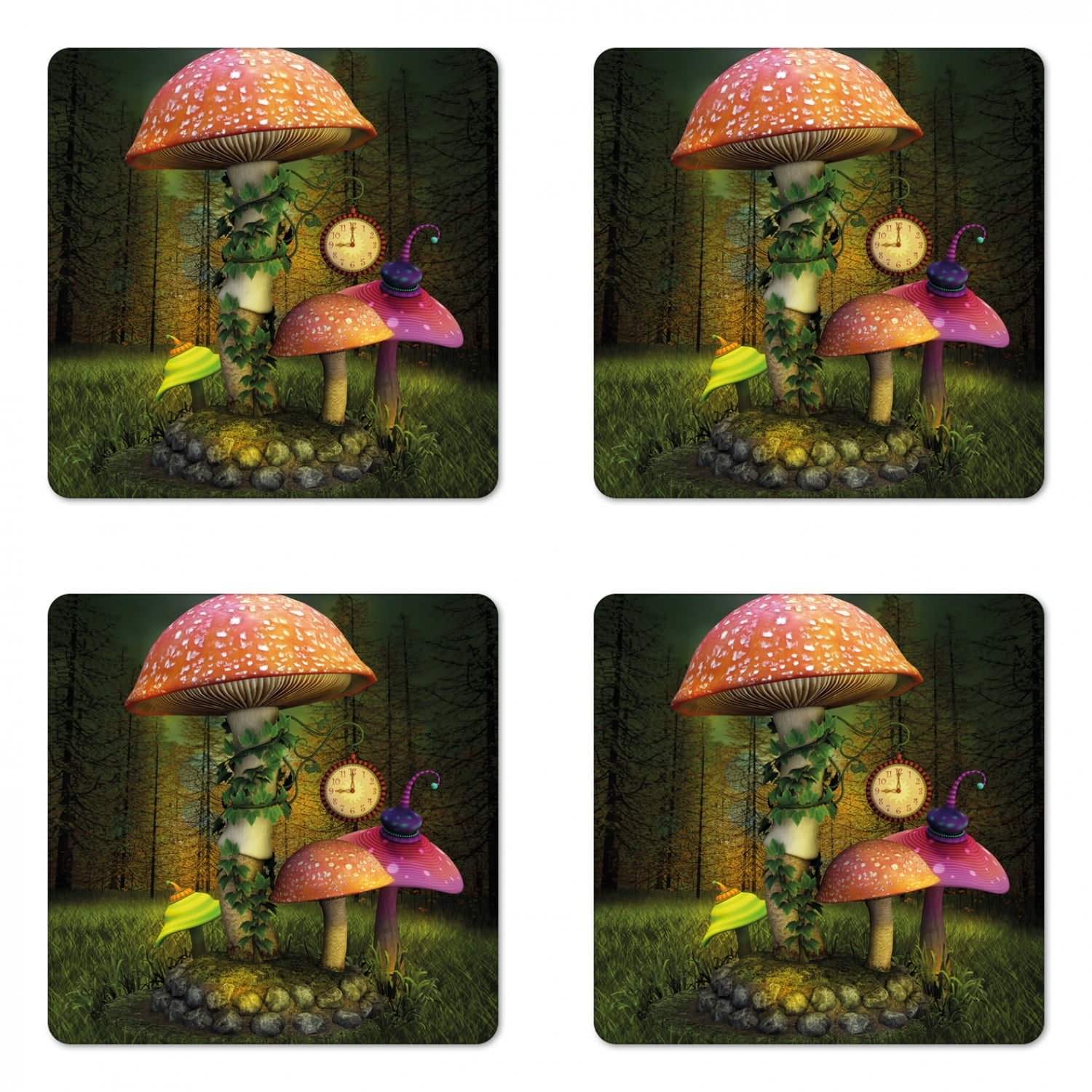 Fantasy Coaster Set of 4, Fiction Forest Giant Mushrooms and Elves ...