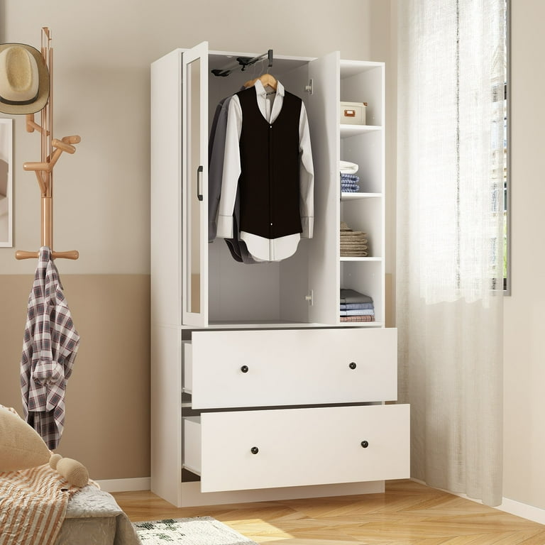 FUFU GAGA Wardrobe Closet Armoire Mirror Scalable Hanging Rod Storage Dresser White