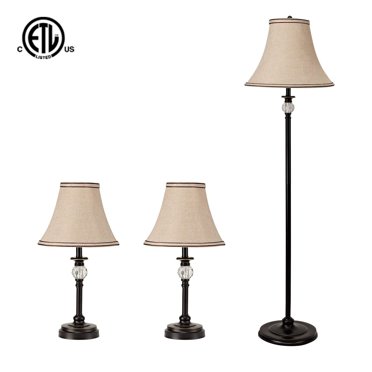 Gymax 3-Piece Lamp Set 2 Table Lamps 1 Floor Lamp Fabric Shades Living ...