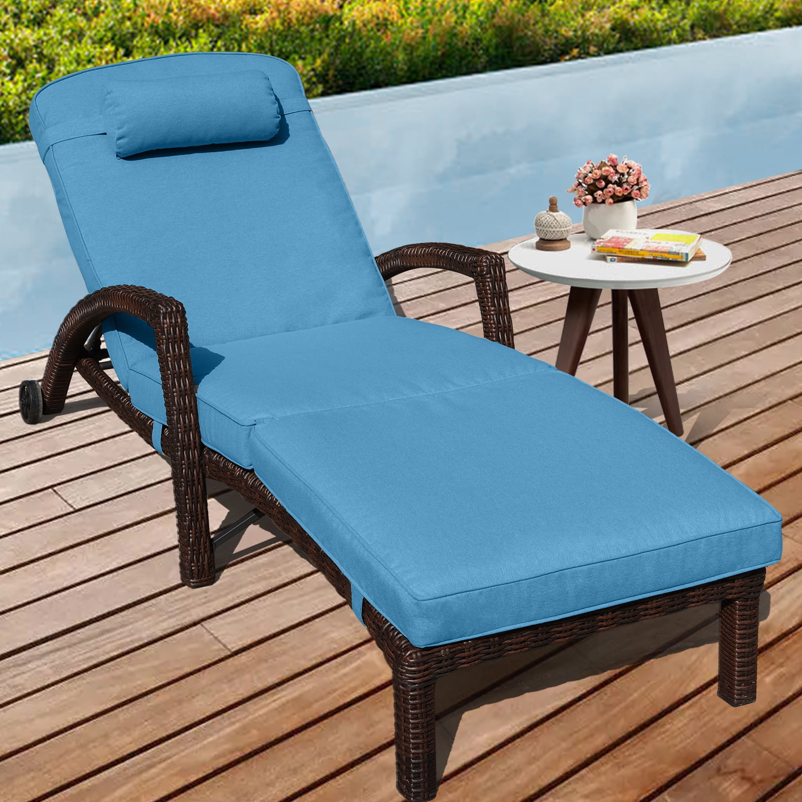 NOBLEMOOD Outdoor Chaise Lounge with Wheels, Blue Wicker Patio Lounge ...