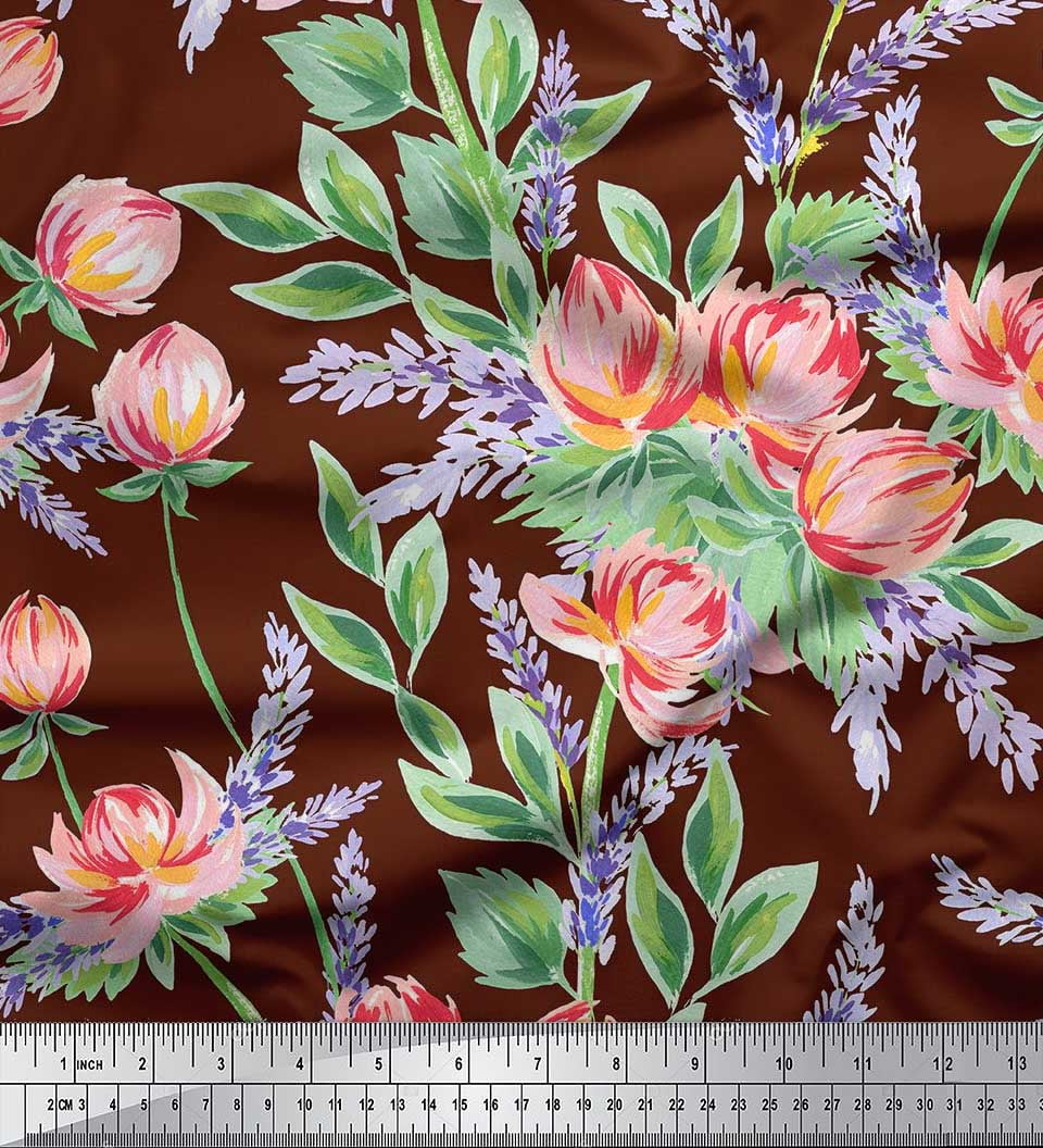 Soimoi polyester Crepe Fabric Leaves & Lotus Flower Print Fabric by the ...
