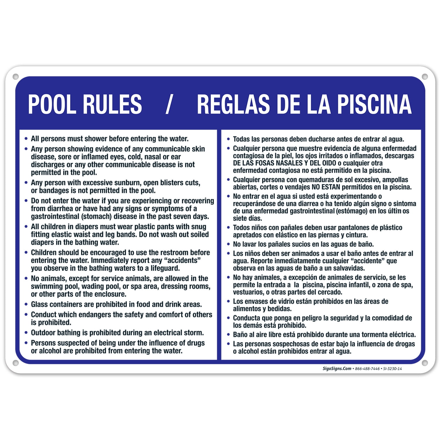 Pool Rules Sign, Bilingual English Spanish, - Walmart.com