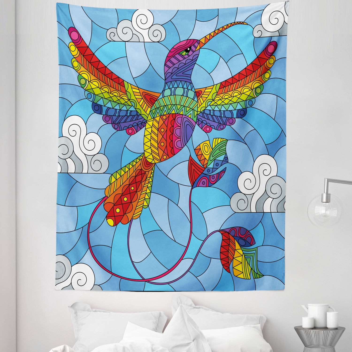 Stained Glass Tapestry, Hummingbird Clouds Sky Mosaic Illustration ...
