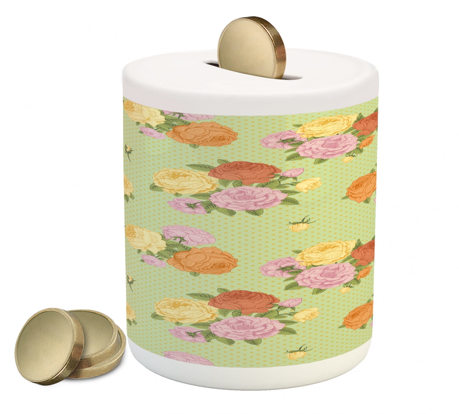 Shabby Flora Piggy Bank, Flower Bouquets Vintage Roses on Dotted ...