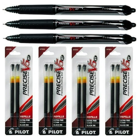 Pilot Precise V5 Rt, 3 Pens 26062 with 4 Packs of Refills, Black Ink, 0 ...