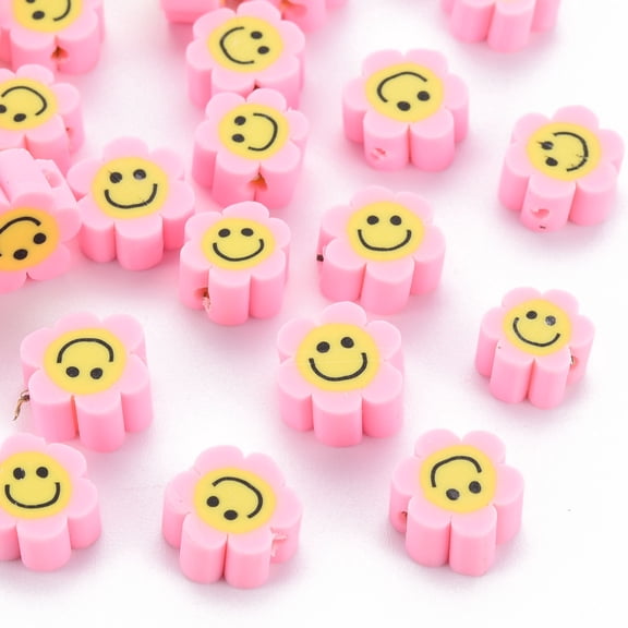 50pc Handmade Polymer Clay Beads Flower with Face Pearl Pink 9~10x8~9x4 ...