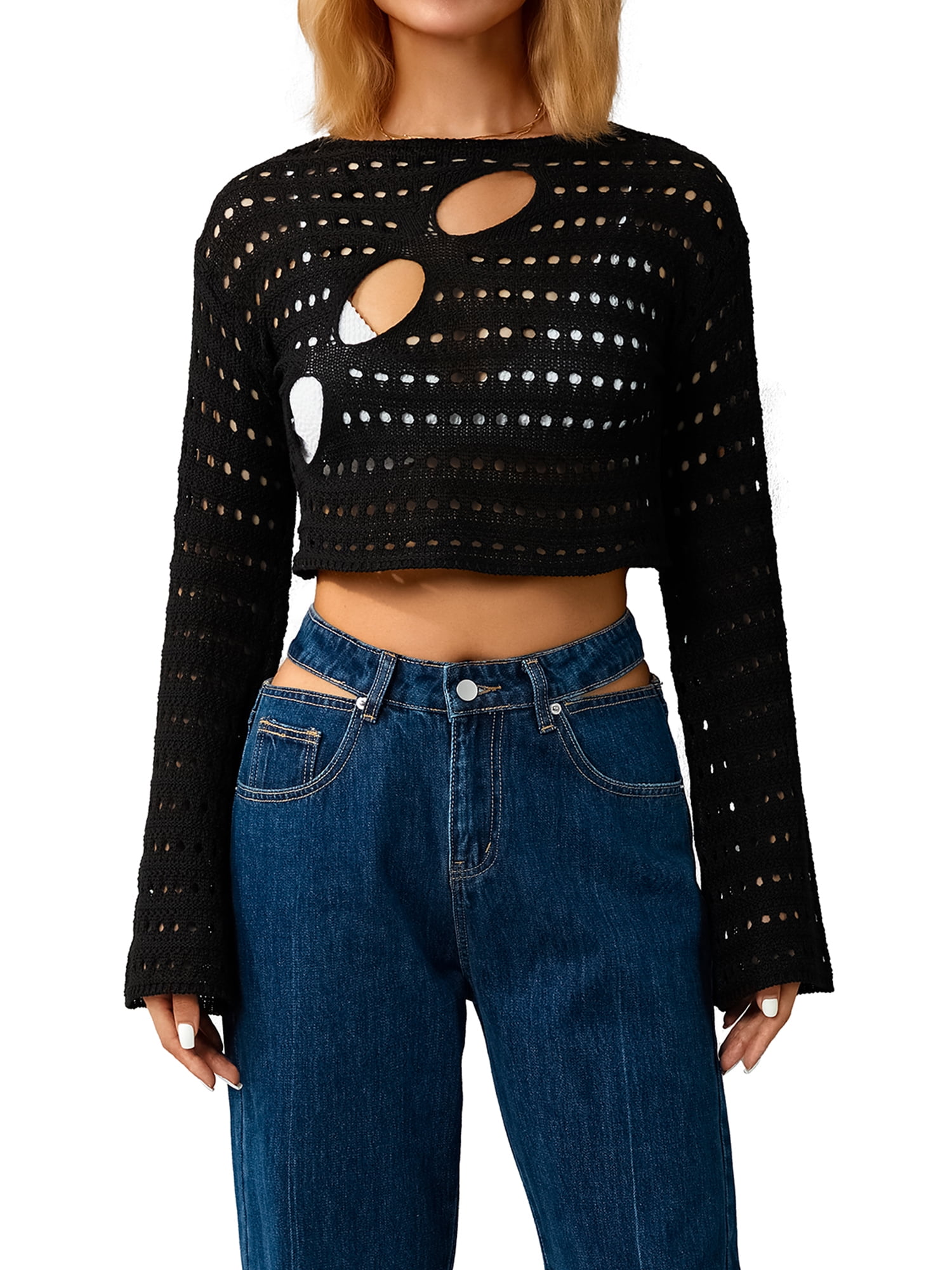 Women Y2k Hollow Out Long Sleeve Crochet Knit Crop Tops Sexy Going Out