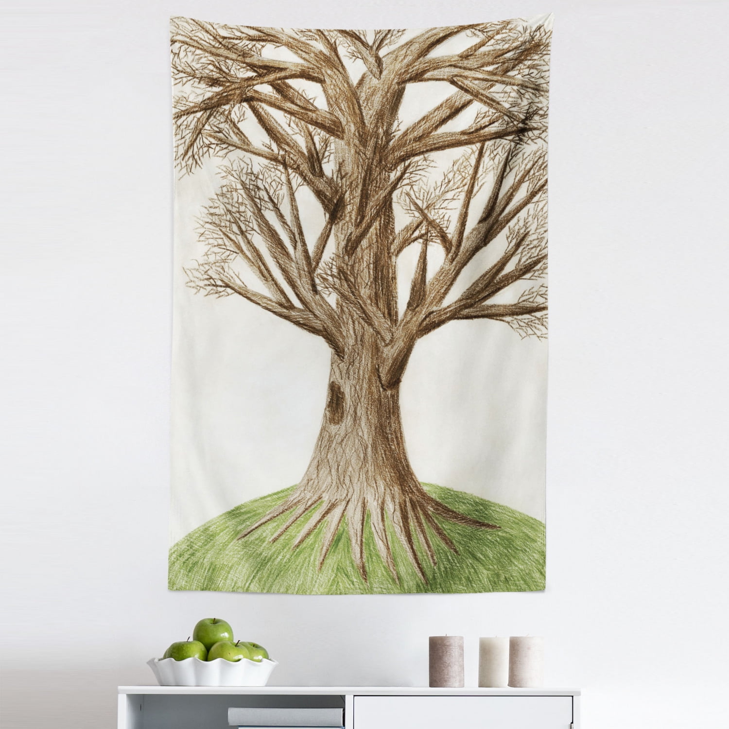 Tree Tapestry, Hand Drawn Pastoral Single Old Tree with Growing ...