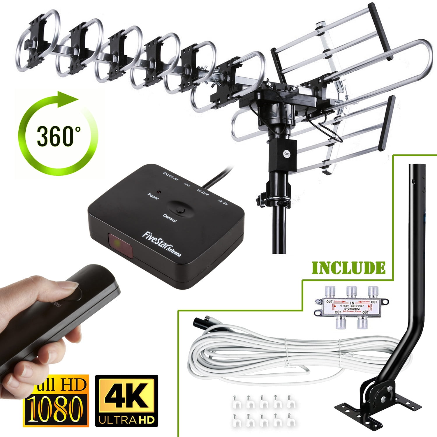 Five Star [40ft Cable 4-Way Splitter and Mounting Pole] Reception 200 ...