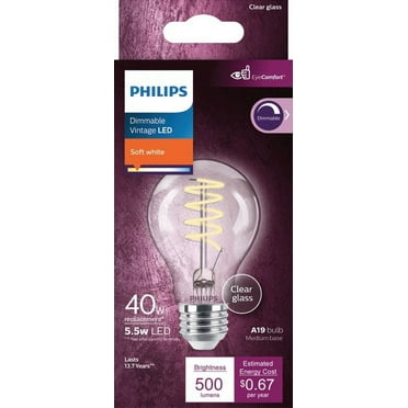 Philips Vintage LED 40-Watt A19 Clear Filament Light Bulb, Daylight ...