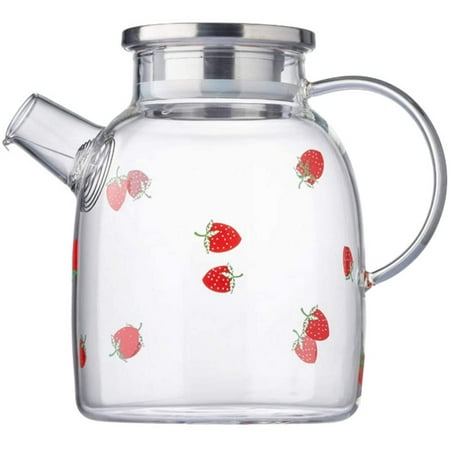Lonbiaci Glass Pitcher with Lid 1600ml Glass Kettle Strawberry Print ...