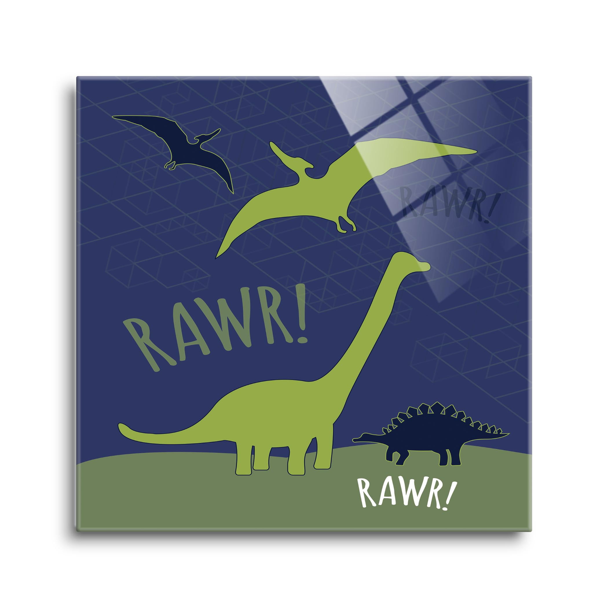 Rawr! Dinosaurs Blue Geometric 24 x 24 Glass Wall Hanging Sign ...