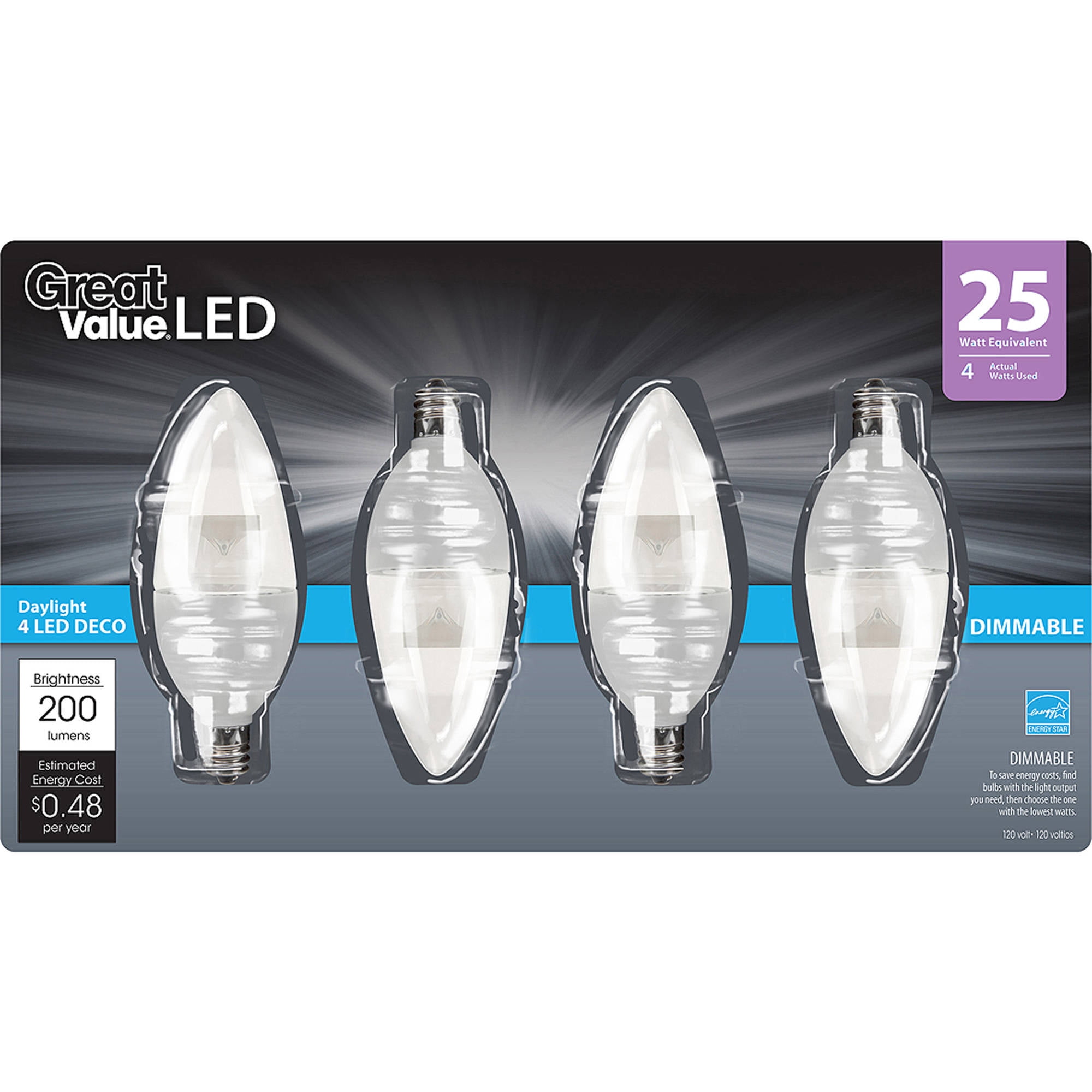 Great Value LED Dimmable Decorative (E12) Light Bulbs, 4W (25W ...