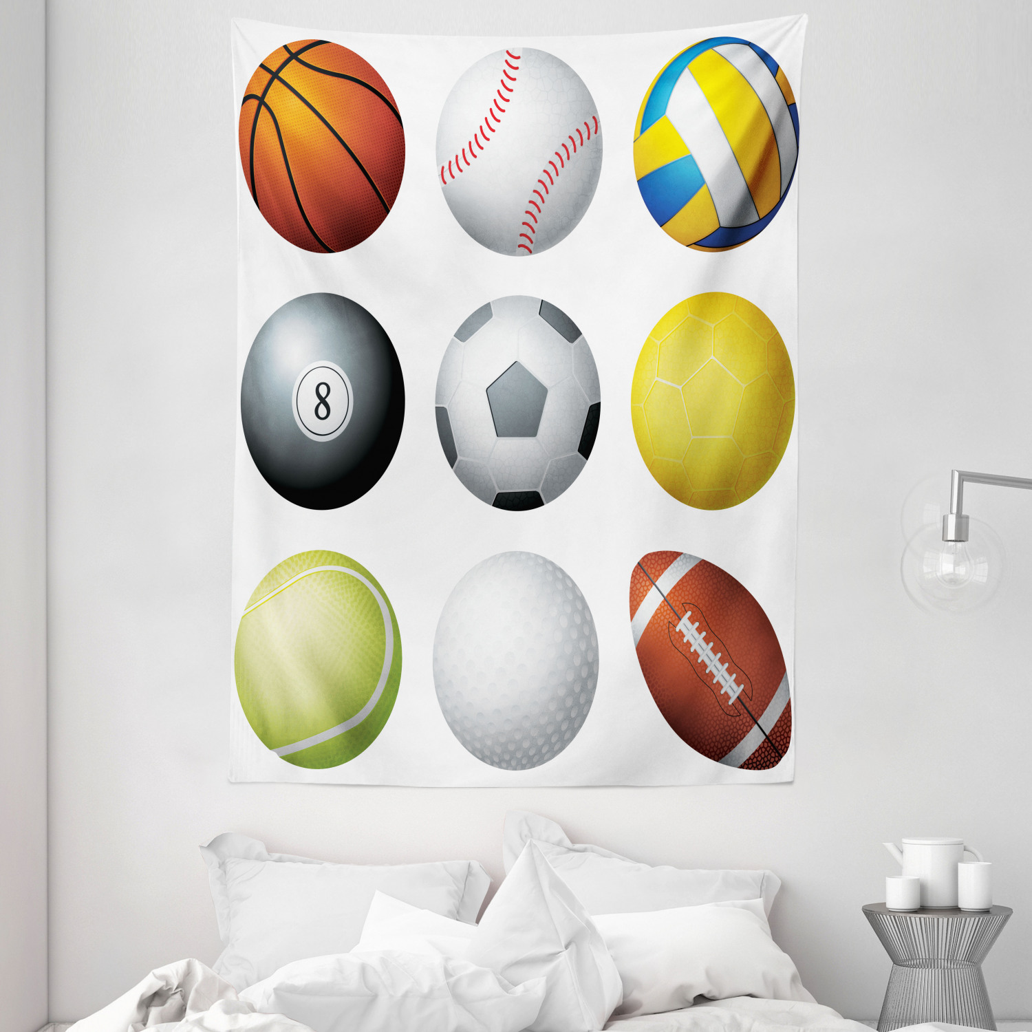 Sports Tapestry, Diversified Sport Balls Objects in Diamond or Circle ...