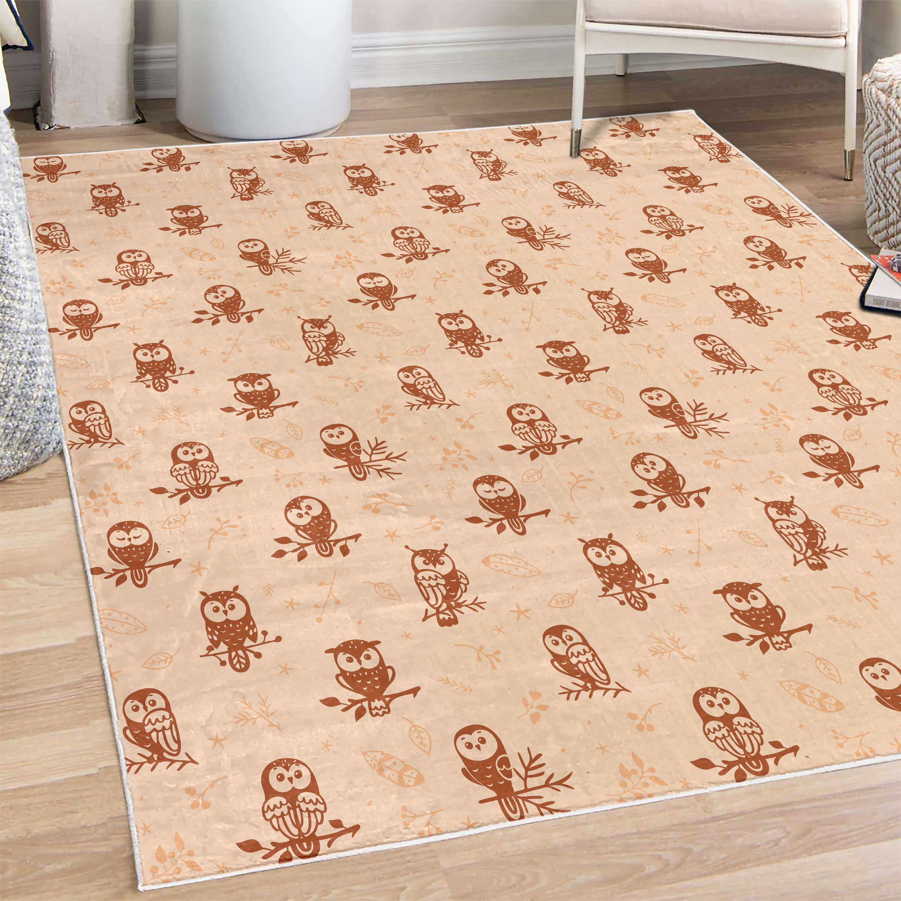 Owl Decorative Rug, Cartoon Style Illustration of Birds on the Branches ...