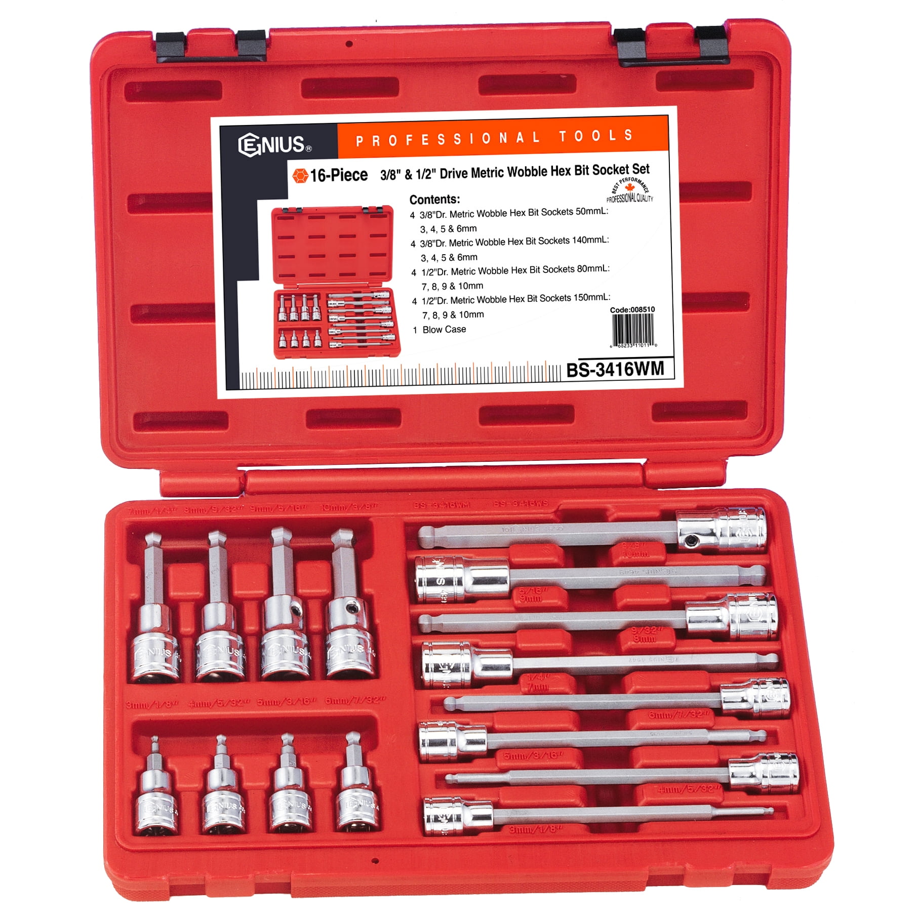 Genius Tools 16 Piece 3/8" & 1/2" Dr. Metric Wobble Bit Socket Set - BS ...