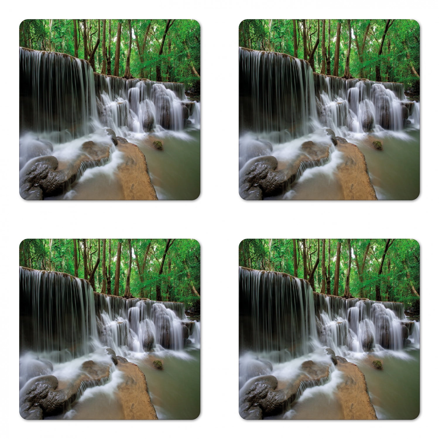 Nature Coaster Set of 4, Waterfall at Forest in Tropical Environment ...