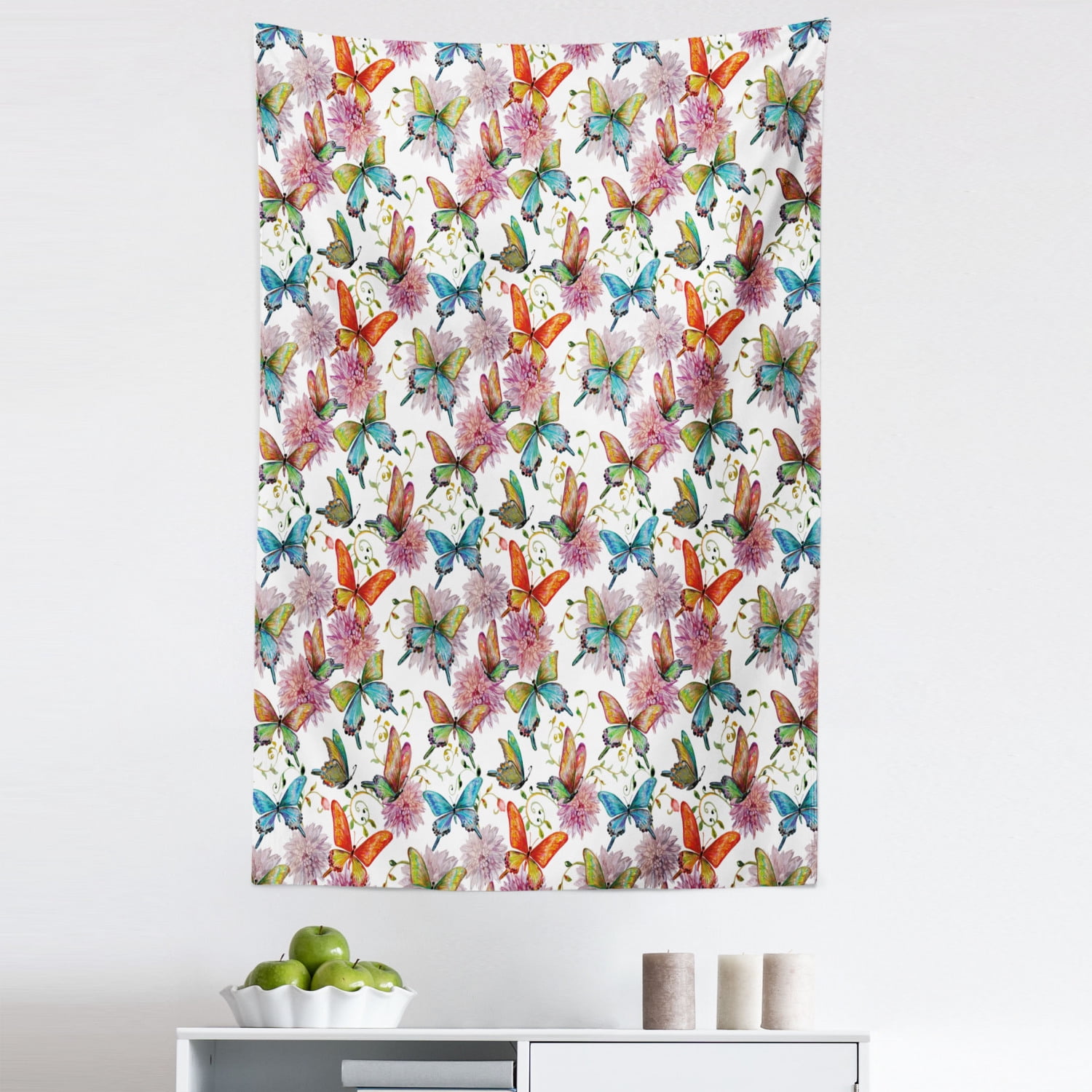 Butterfly Tapestry, Flying Butterflies with Floral Elements Vivid Color ...