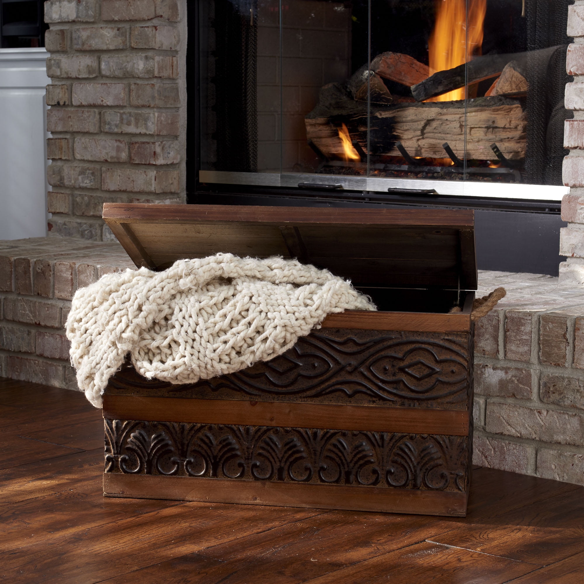 Household Essentials Decorative Metal Banded Wooden Storage Trunk with ...