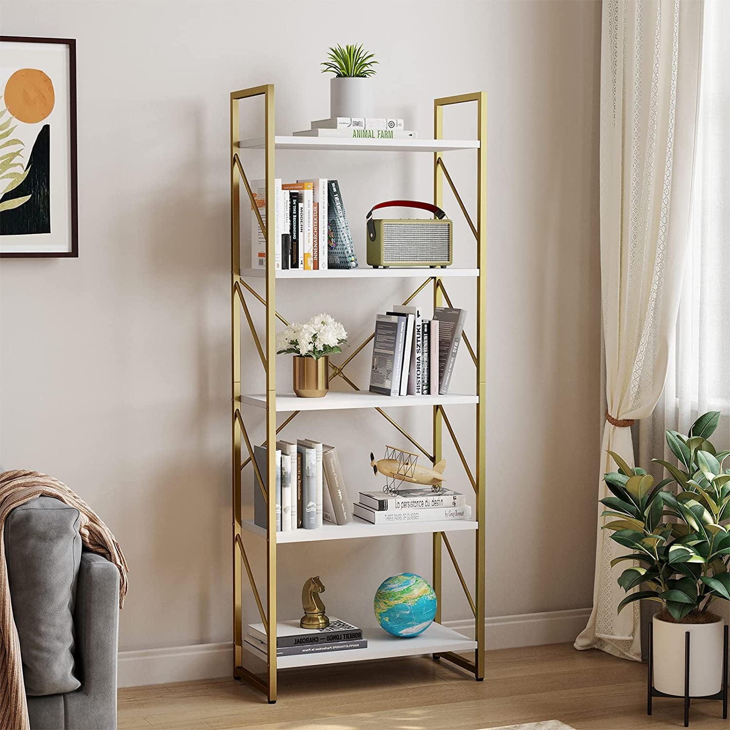 Dextrus 5-Tier Gold Bookshelf, Modern Free Standing Storage shelf with ...